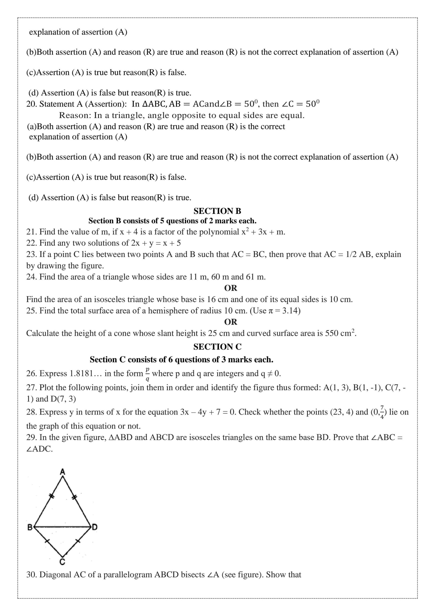 9th class cbse maths model papers