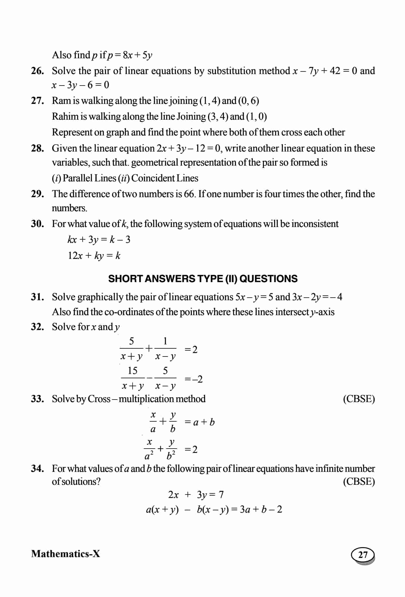 Important Questions for Class 10 Maths Chapter 3 Pair of Linear equations in two variables ...