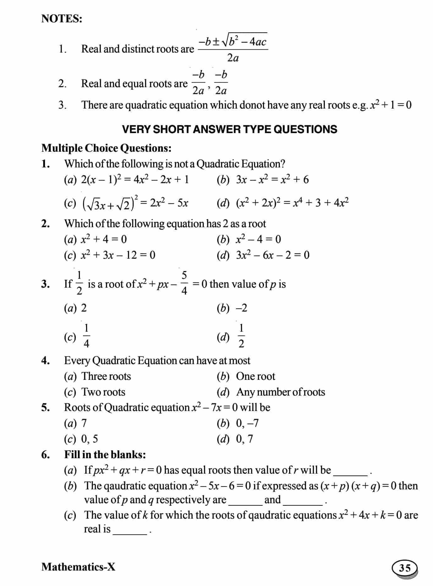 Important Questions for Class 10 Maths Chapter 4 Quadratic equations ...