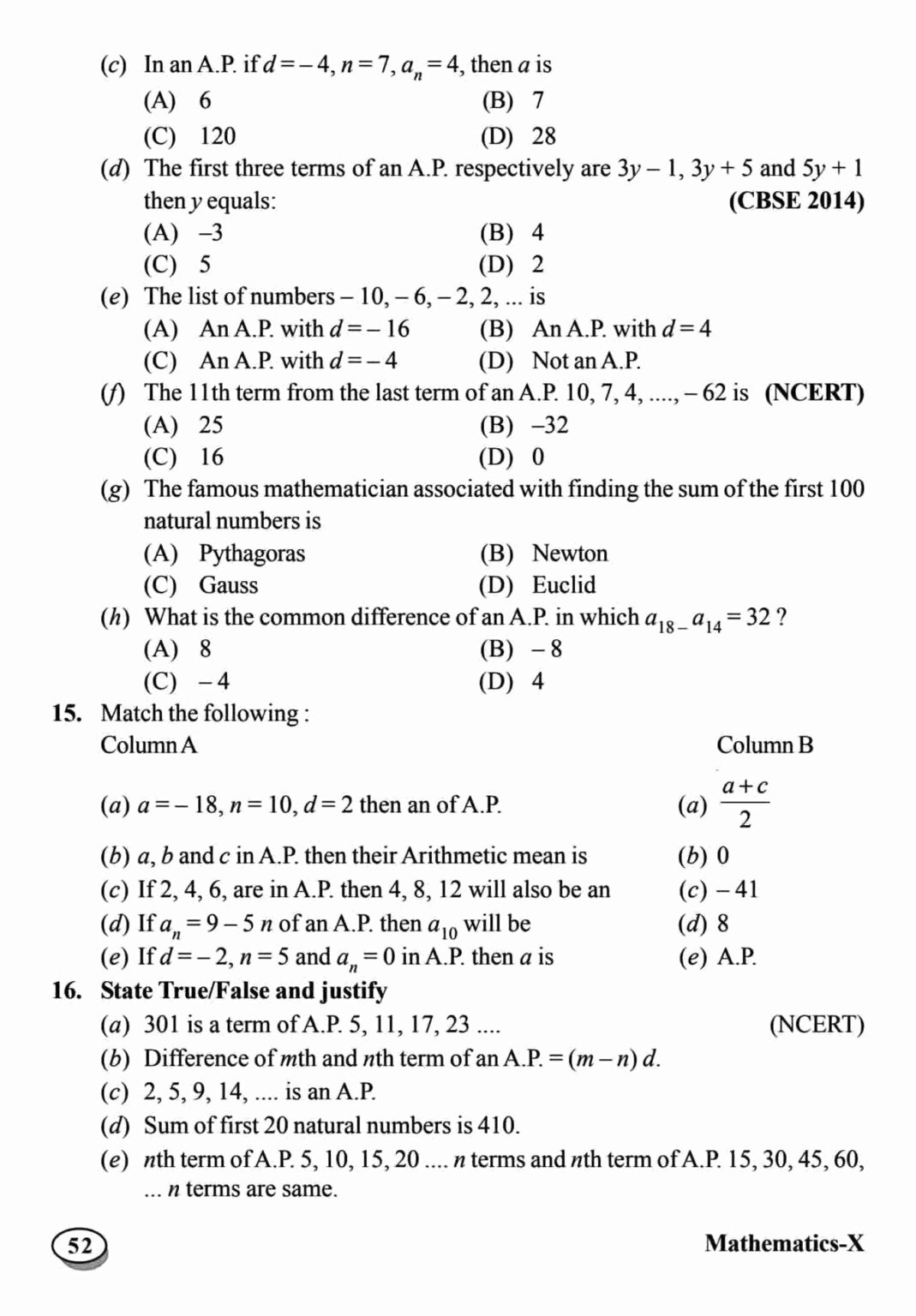 Important Questions for Class 10 Maths Chapter 5 Arithmetic progression