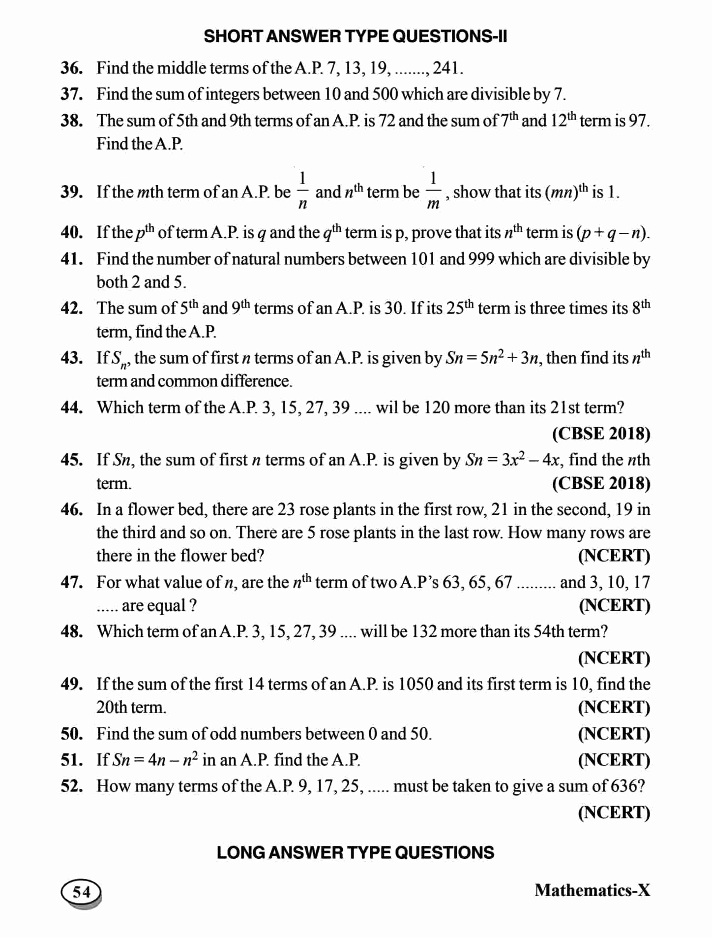 Important Questions for Class 10 Maths Chapter 5 Arithmetic progression