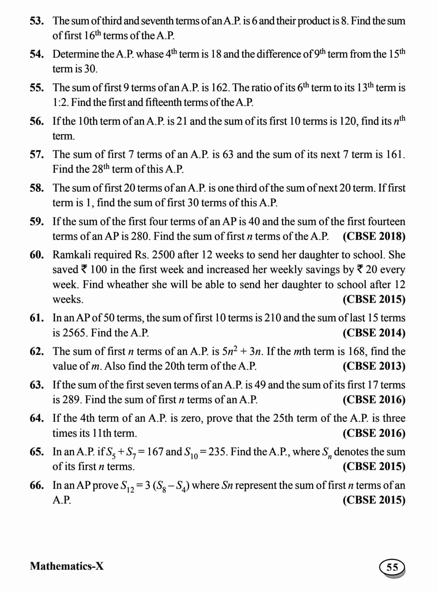 Important Questions for Class 10 Maths Chapter 5 Arithmetic progression