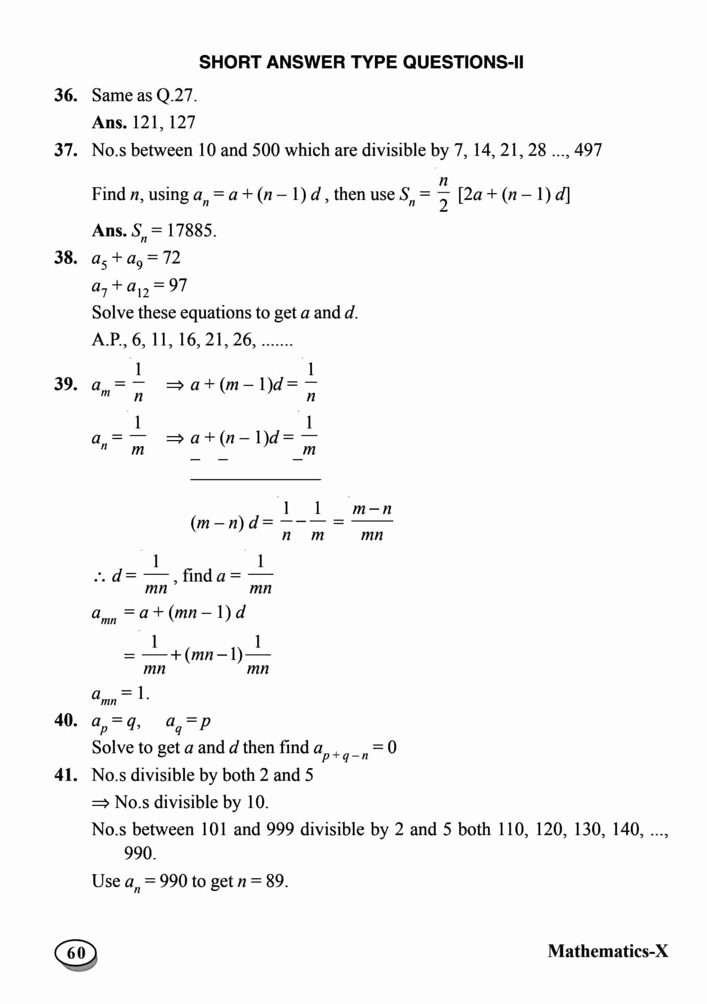 Important Questions for Class 10 Maths Chapter 5 Arithmetic progression
