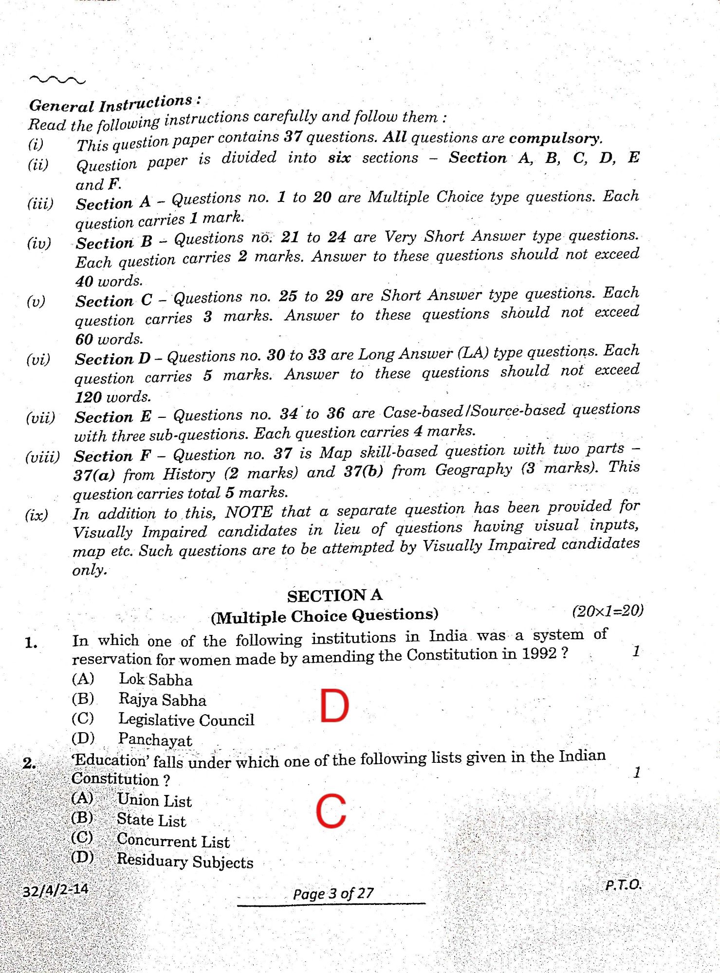 Answer key cbse class 10 Social science board exam question paper 2024 ...