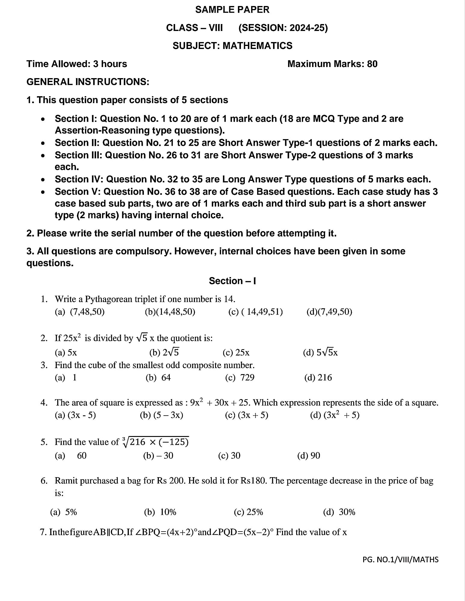 DAV CLASS 8 Maths Sample paper and Answer key 2024-25 - SHARMA TUTORIAL