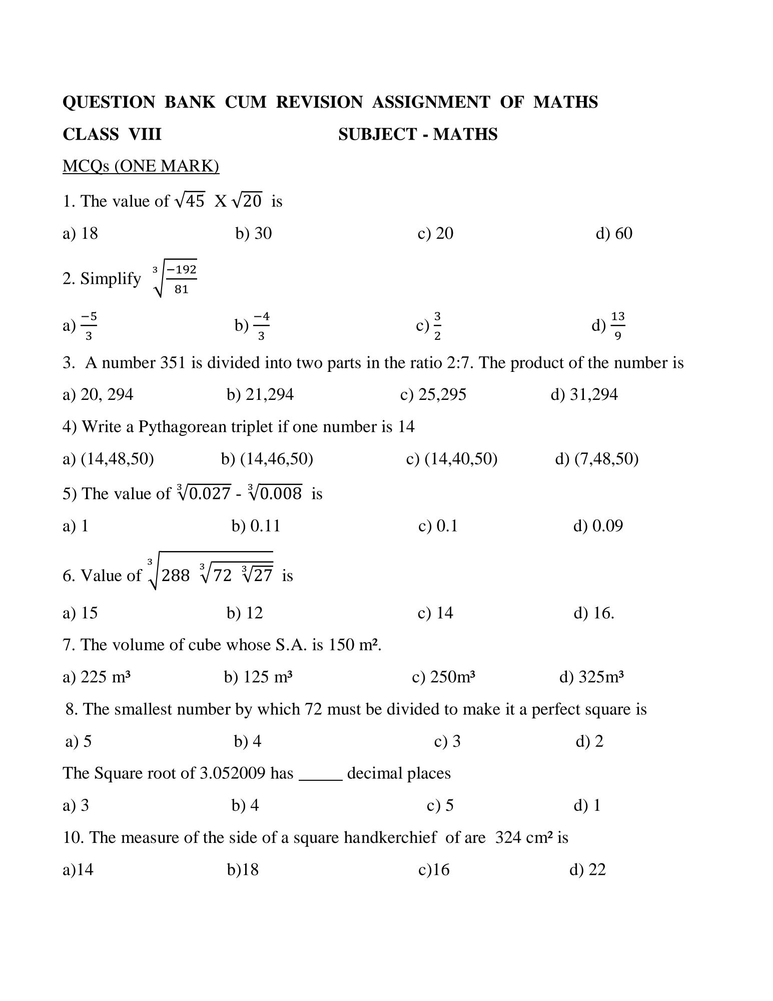 DAV Class 8 Maths Important Questions with Answers - SHARMA TUTORIAL